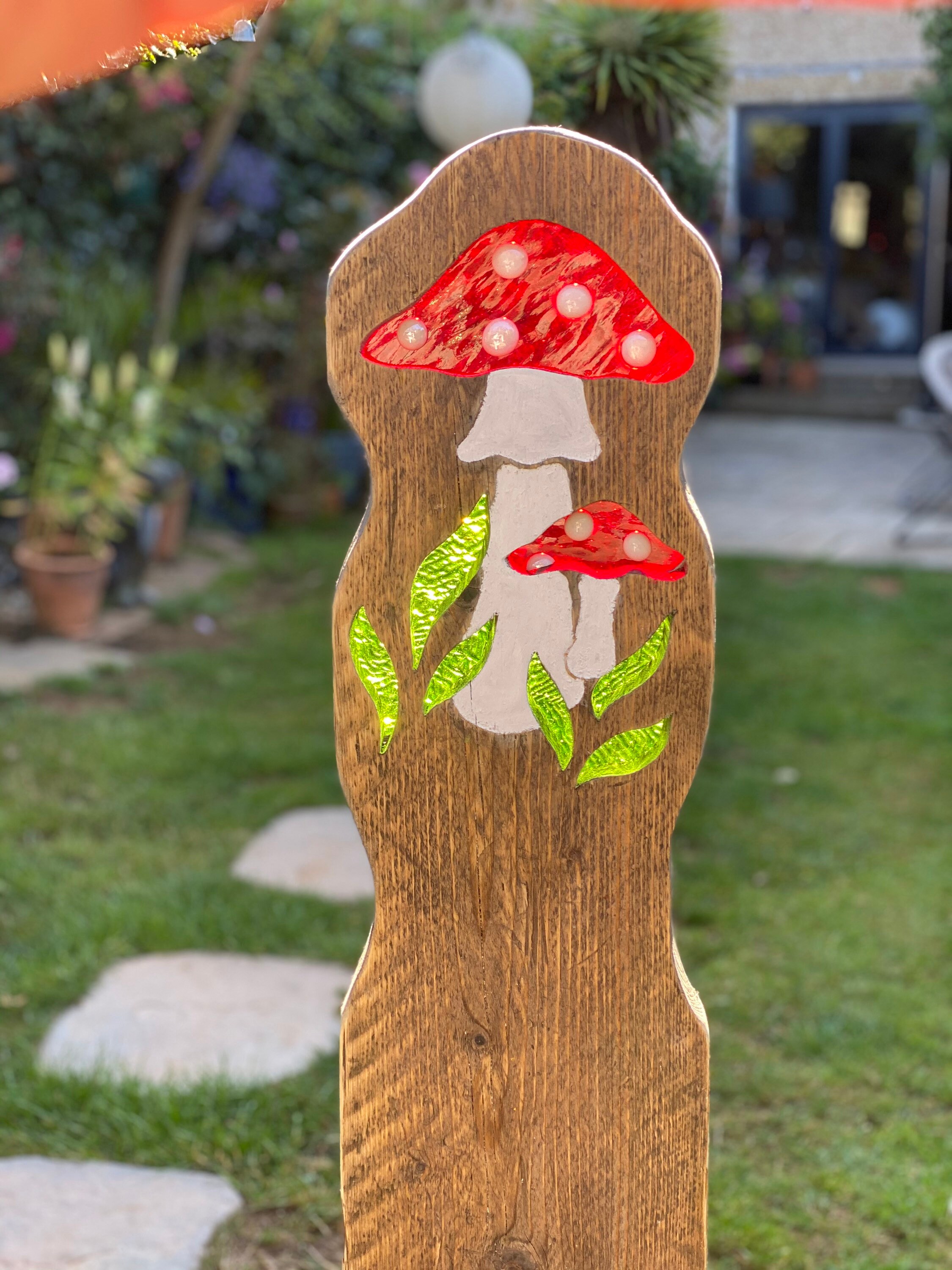 Toadstool Sculpture Stained Glass Reclaimed Wood Art - Etsy UK