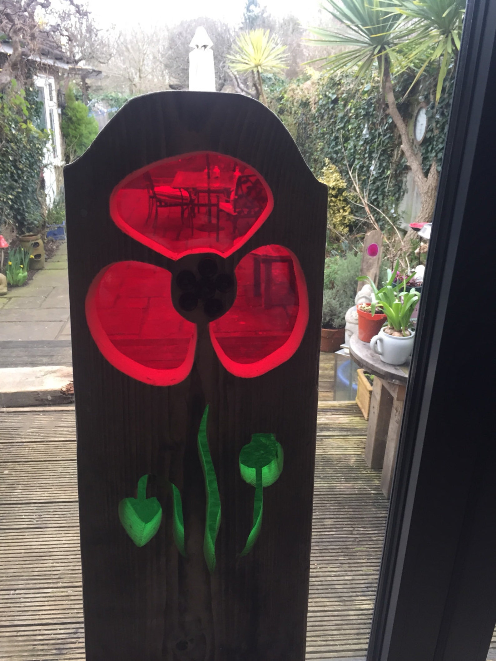 Poppy Garden Sculpture Stained Glass Reclaimed Wood Art - Etsy UK