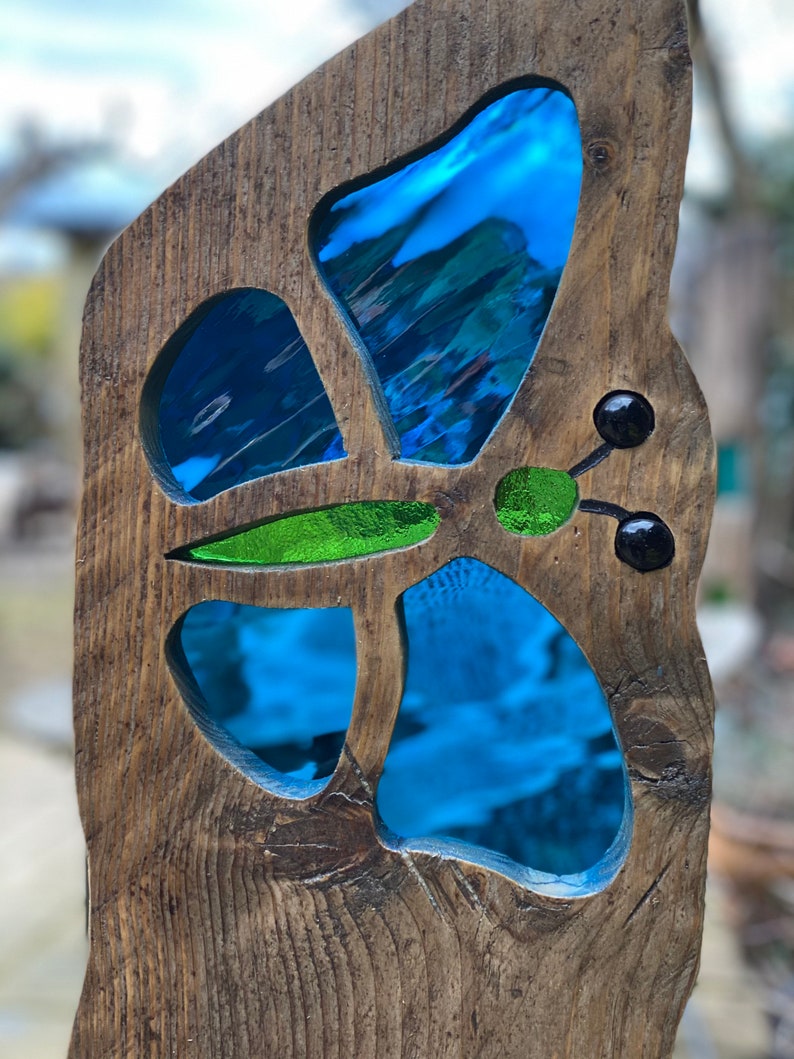 Stained Glass Butterfly Garden Sculpture, Reclaimed Wood, Blue & Green ...