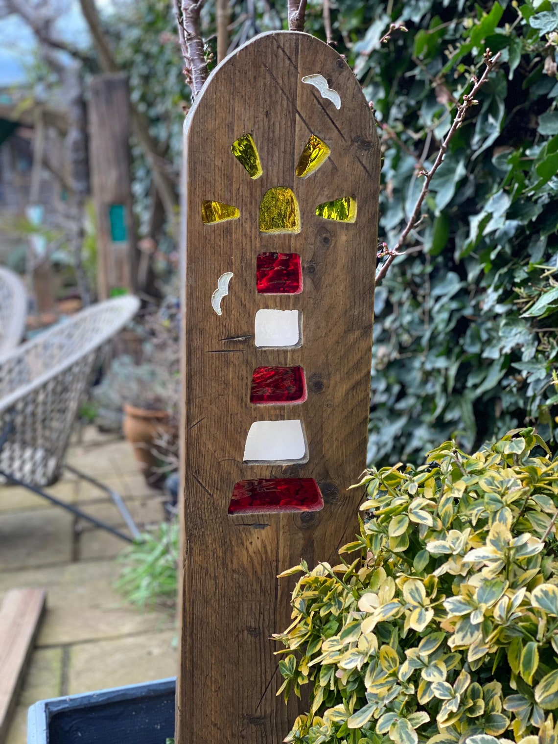 Lighthouse garden sculpture stained glass reclaimed wood | Etsy