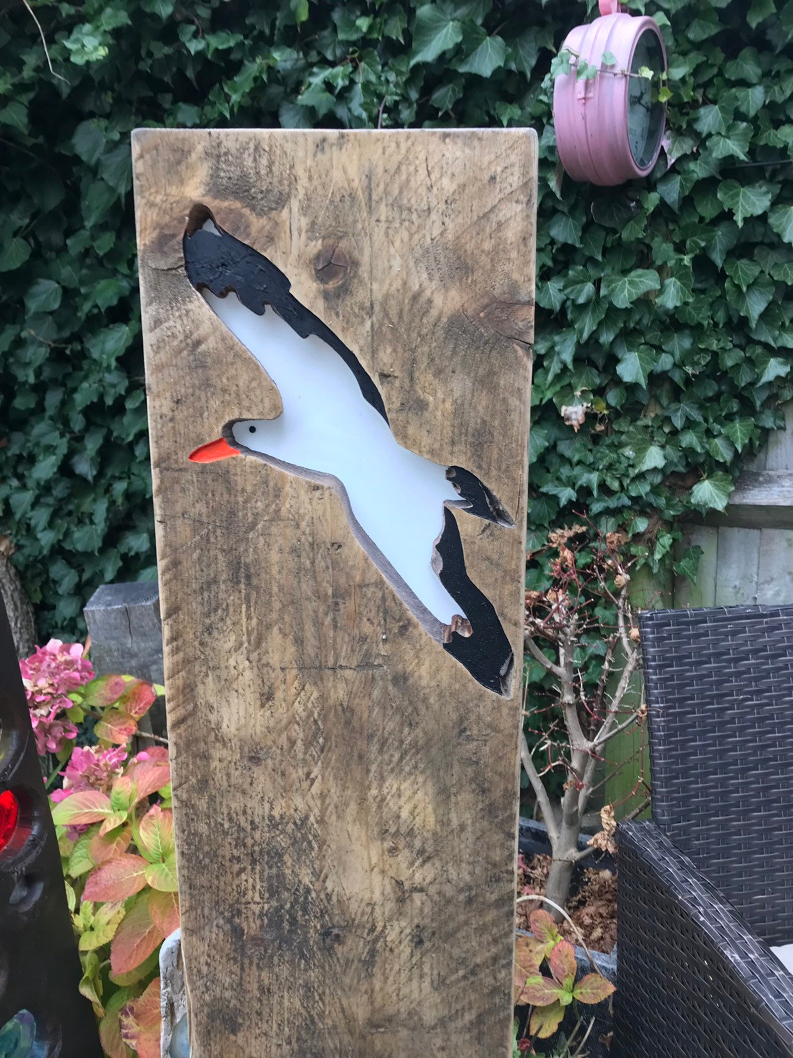 Seagull garden sculpture stained glass reclaimed wood art | Etsy