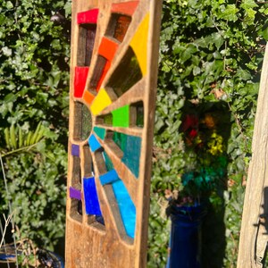 Abstract Sun Rainbow Glass Garden Sculpture, Reclaimed Wood, Garden Sculpture, Retirement Gift ...
