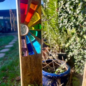 Abstract Sun Rainbow Glass Garden Sculpture, Reclaimed Wood, Garden Sculpture, Retirement Gift ...