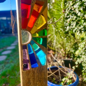 Abstract Sun Rainbow Glass Garden Sculpture, Reclaimed Wood, Garden Sculpture, Retirement Gift ...