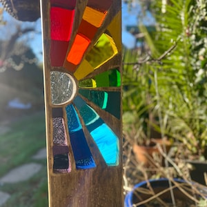 Abstract Sun Rainbow Glass Garden Sculpture, Reclaimed Wood, Garden Sculpture, Retirement Gift ...