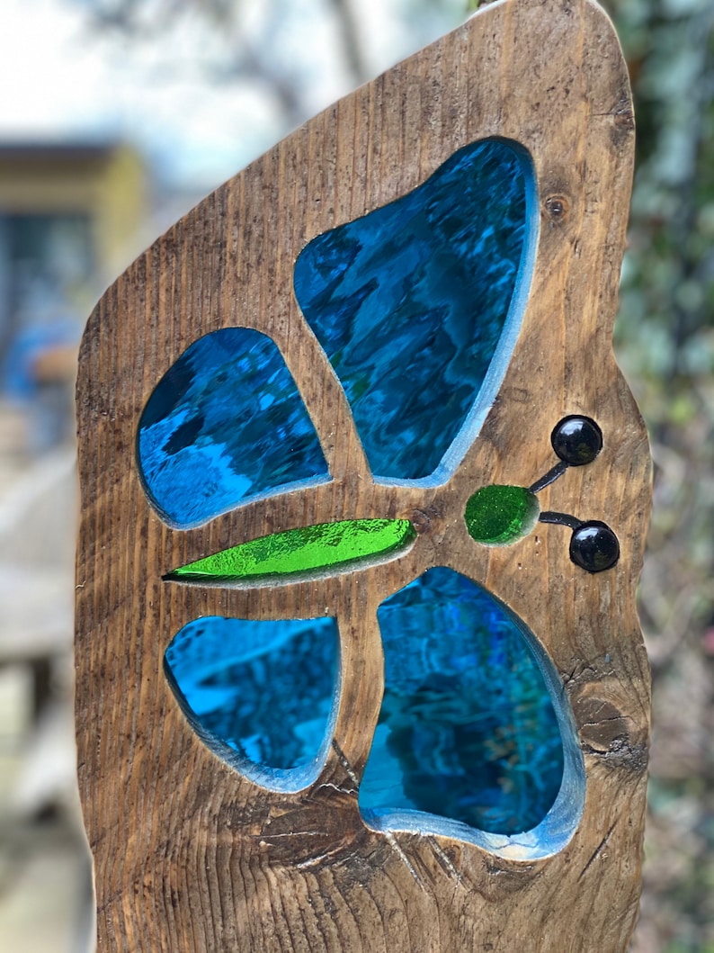 Stained Glass Butterfly Garden Sculpture, Reclaimed Wood, Blue & Green ...