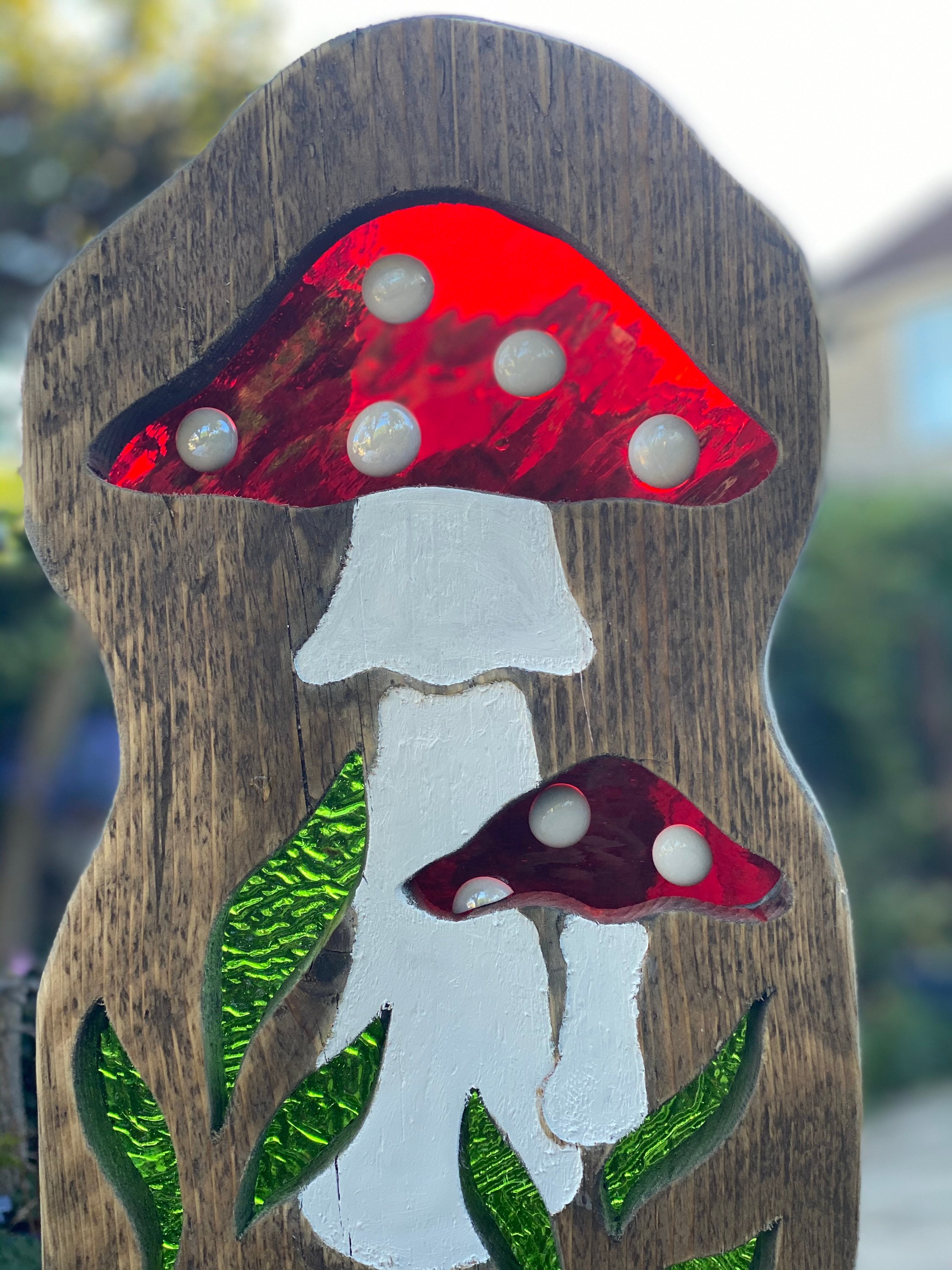 Toadstool Sculpture Stained Glass Reclaimed Wood Art - Etsy UK