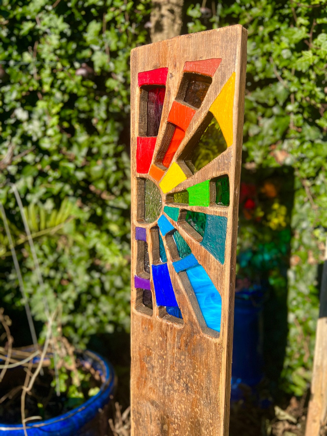 Abstract Sun Rainbow Glass Garden Sculpture, Reclaimed Wood, Garden Sculpture, Retirement Gift ...