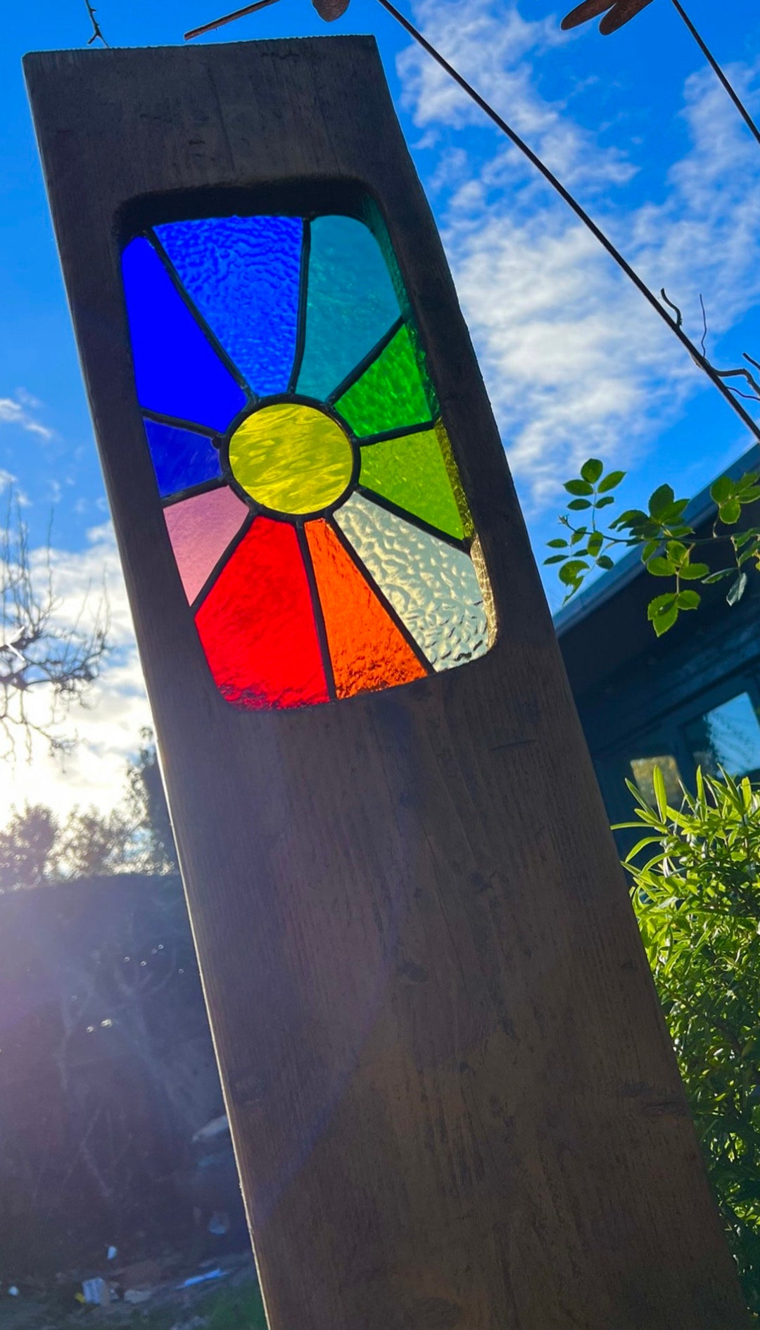 Sundial Rainbow Style Garden Sculpture, Stained Glass, Reclaimed Wood ...