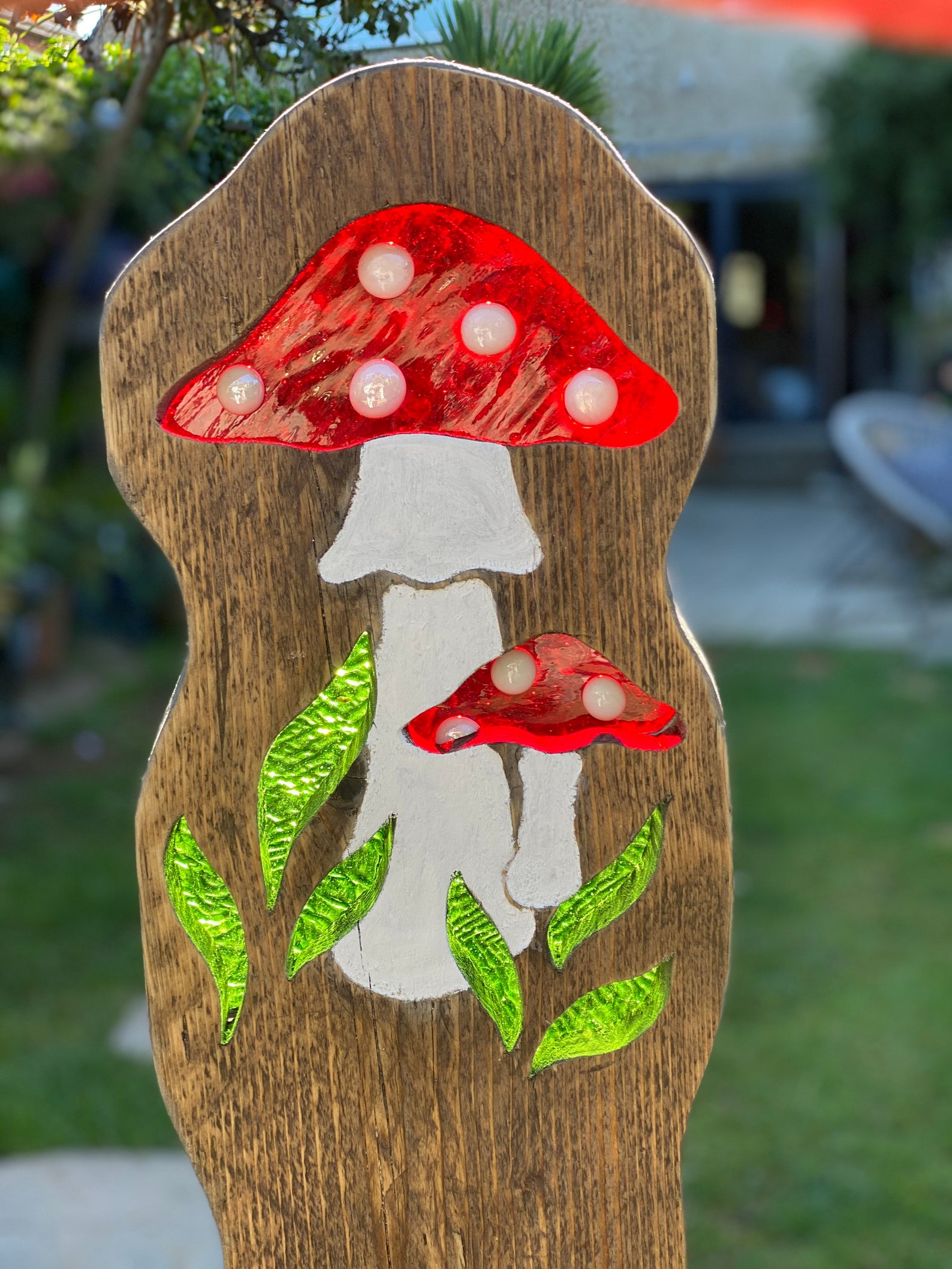 Toadstool Sculpture Stained Glass Reclaimed Wood Art - Etsy UK