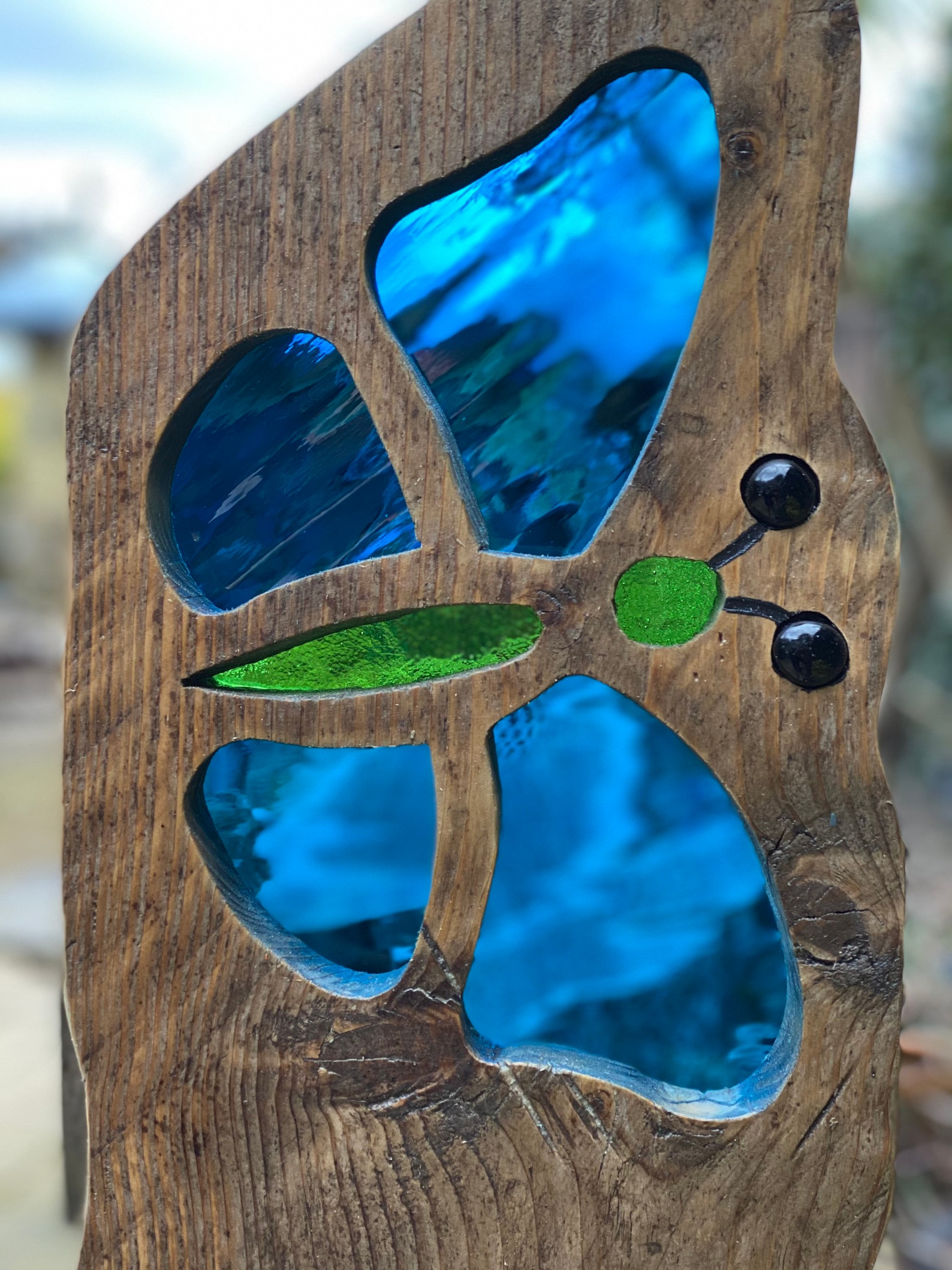 Stained Glass Butterfly Garden Sculpture, Reclaimed Wood, Blue & Green ...