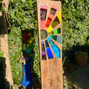 Abstract Sun Rainbow Glass Garden Sculpture, Reclaimed Wood, Garden Sculpture, Retirement Gift ...