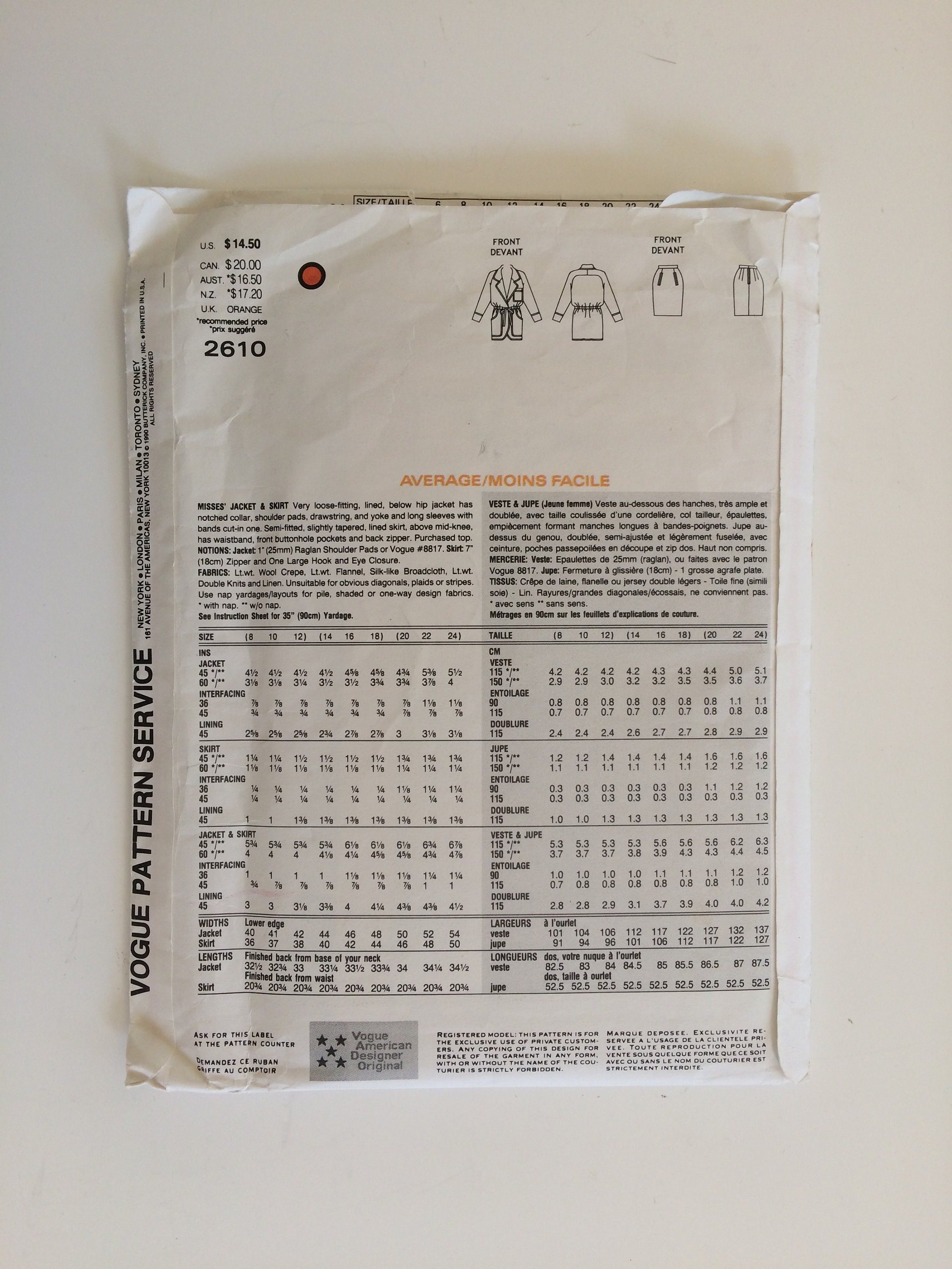 Vogue Attitudes 2610 Sewing Pattern, Carmelo Pomodoro Misses' Jacket ...