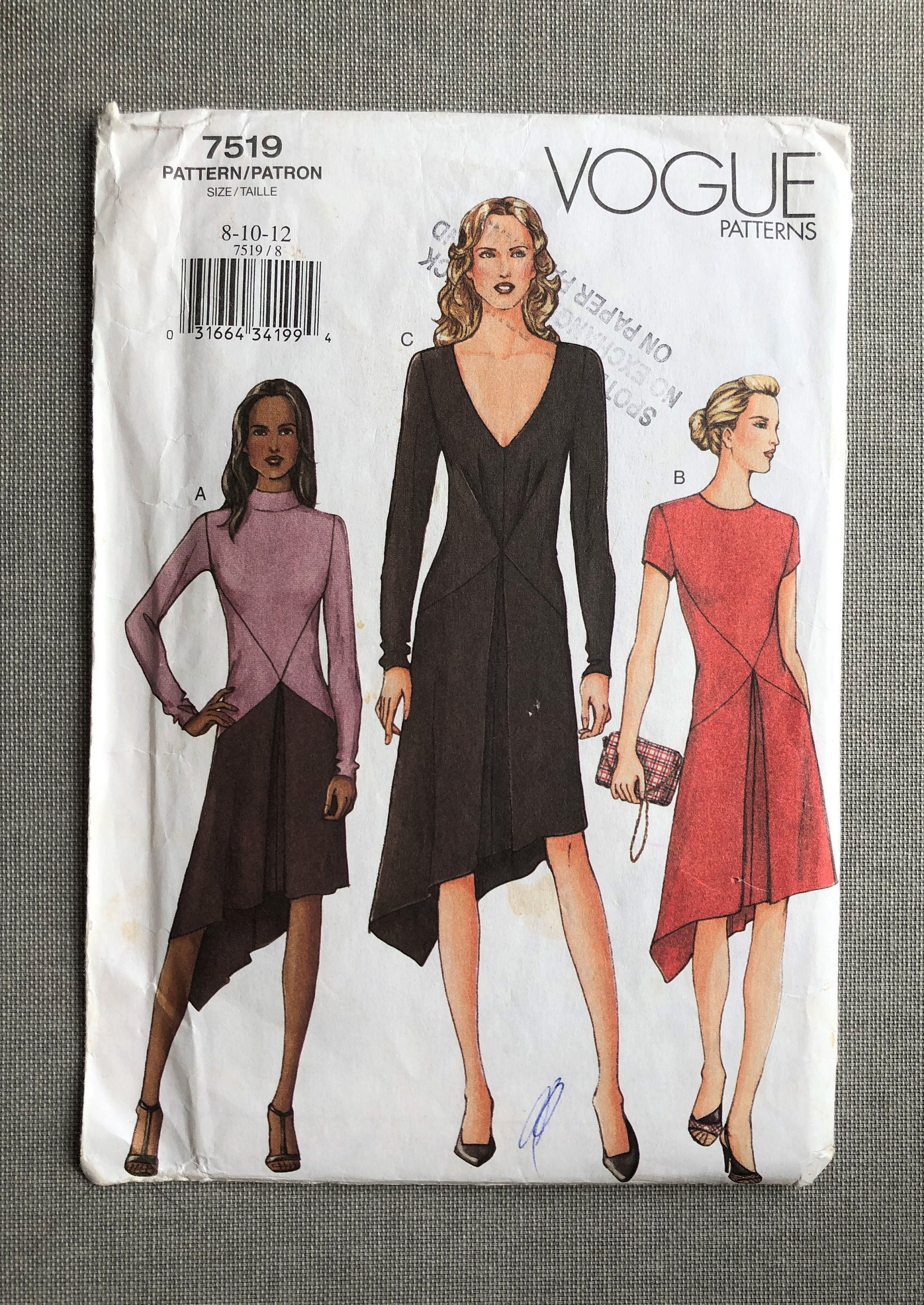Vogue Sewing Pattern 7519, Misses Asymmetric Hem Dress, Size 12 Only ...