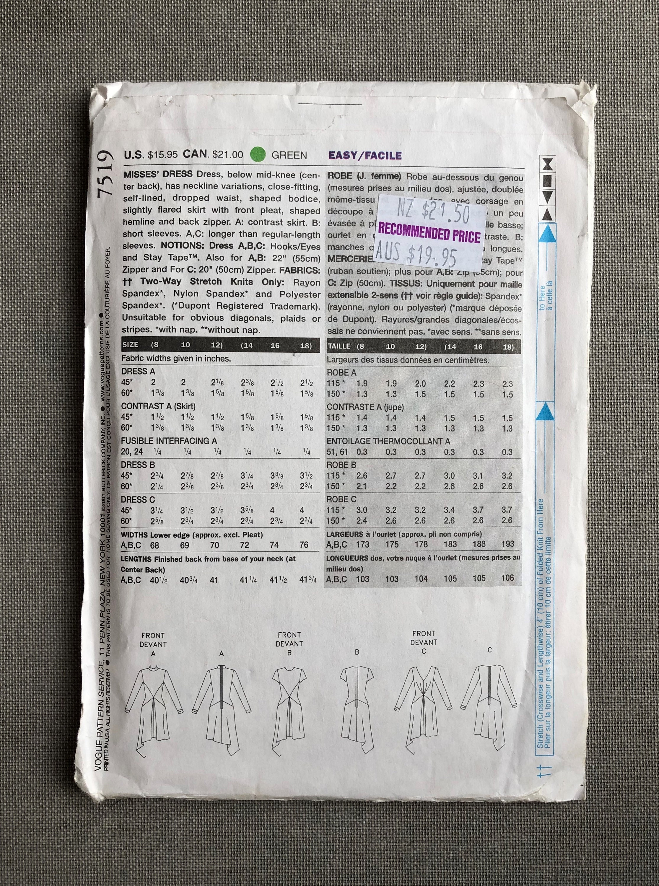 Vogue Sewing Pattern 7519, Misses Asymmetric Hem Dress, Size 12 Only ...