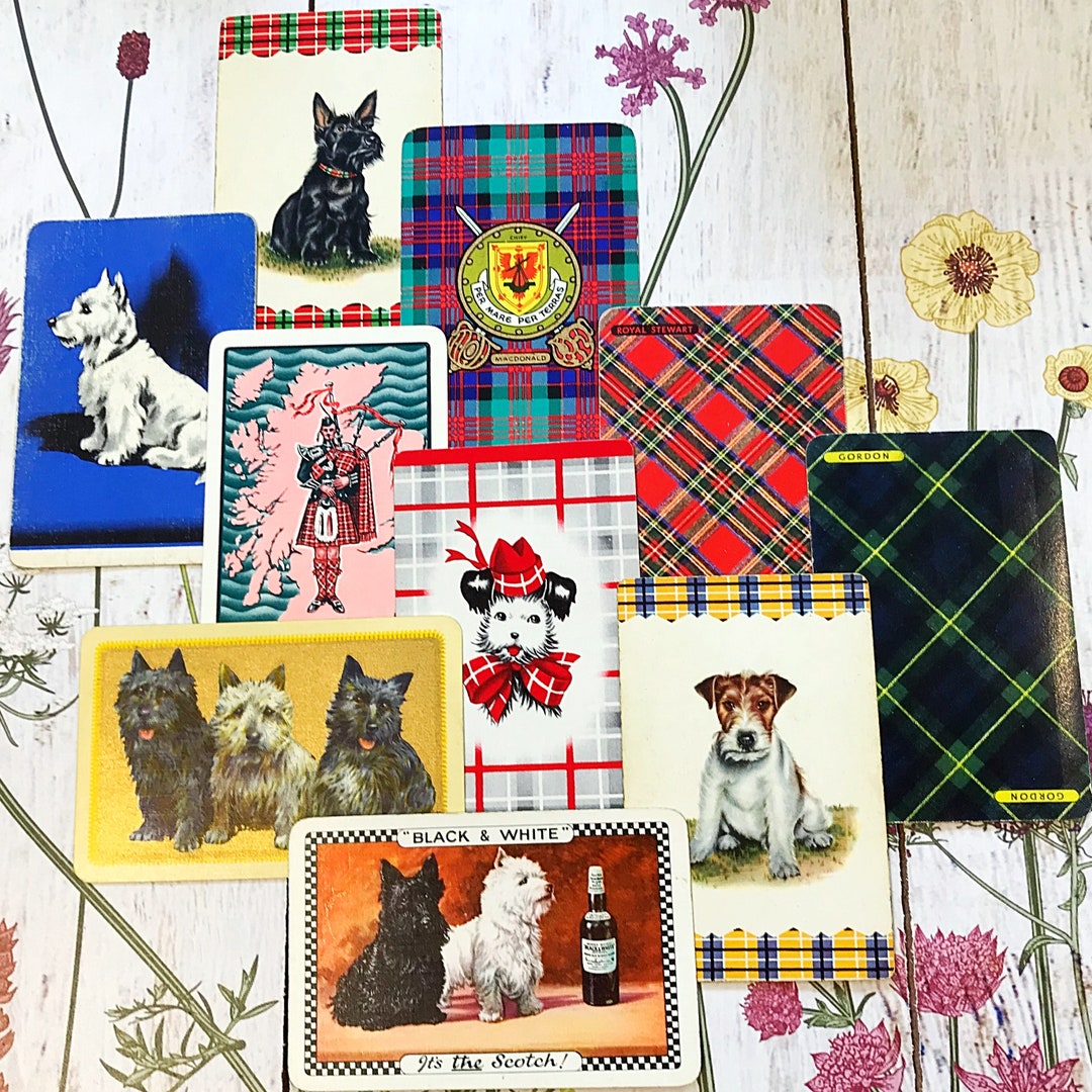 Tartan Scottie Dog Playing Cards, Vintage Ephemera Pack, 10 Scottish ...