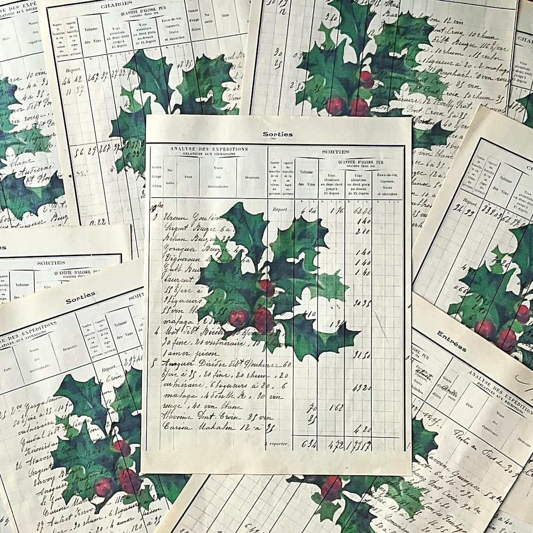 Antique Handwritten French Ledger Paper Overprinted With Holly and ...
