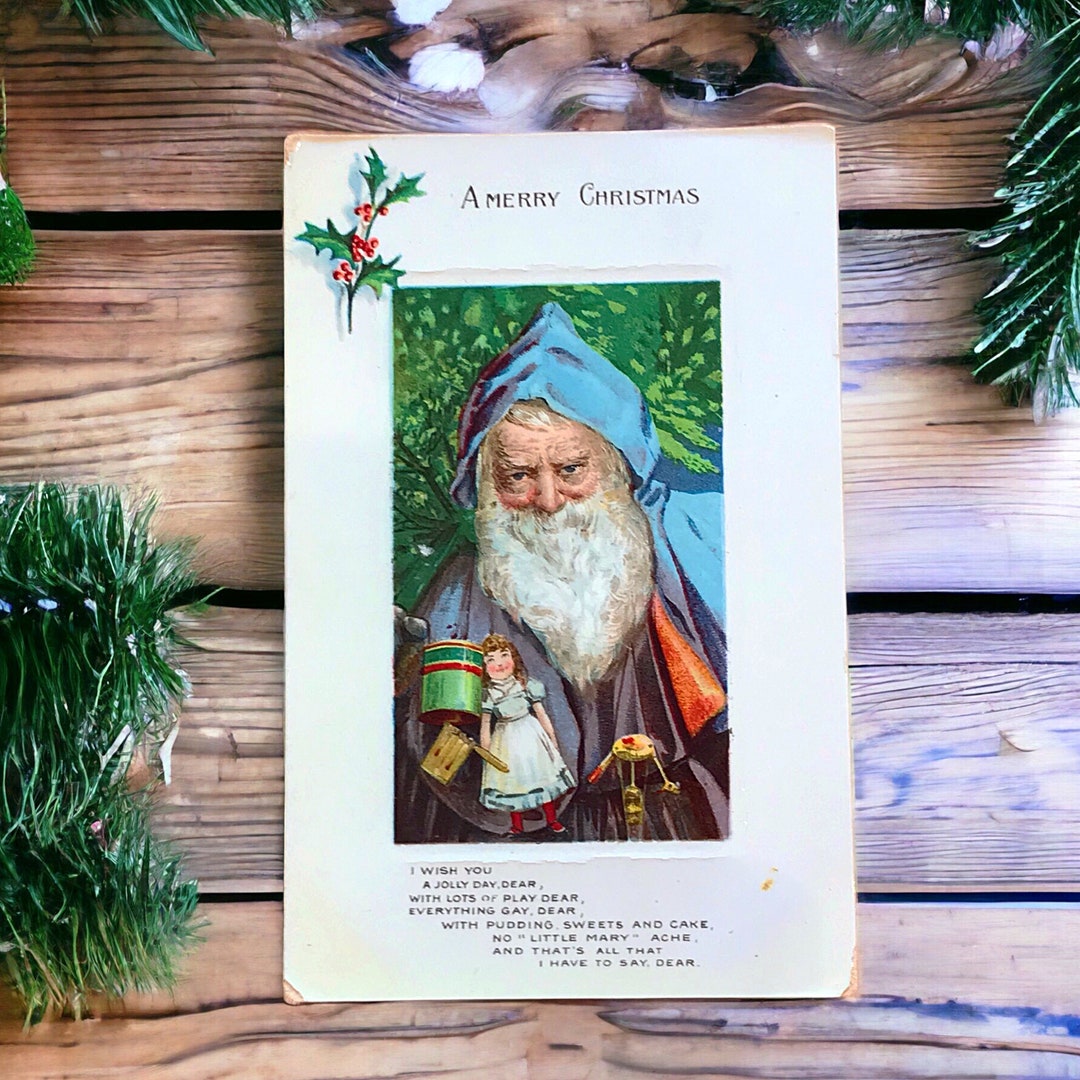Vintage Santa Claus Postcard, Old World Father Christmas Wearing Blue ...