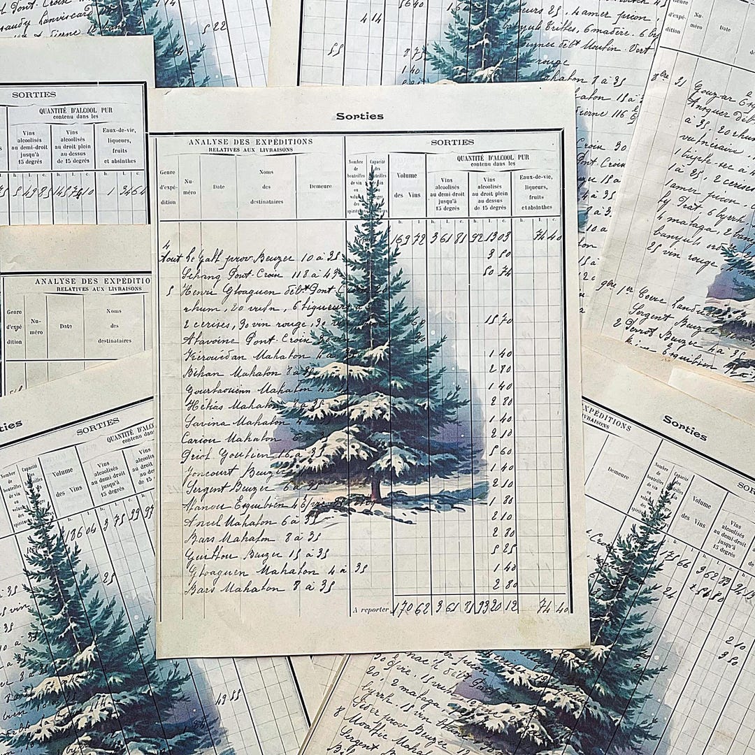 Antique Handwritten French Ledger Paper Overprinted With Snow Covered ...