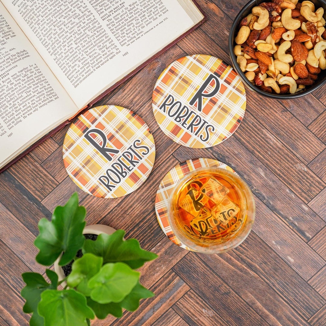 Plaid Monogram Coasters, Custom Drink Coasters, Set of Autumn Coasters ...