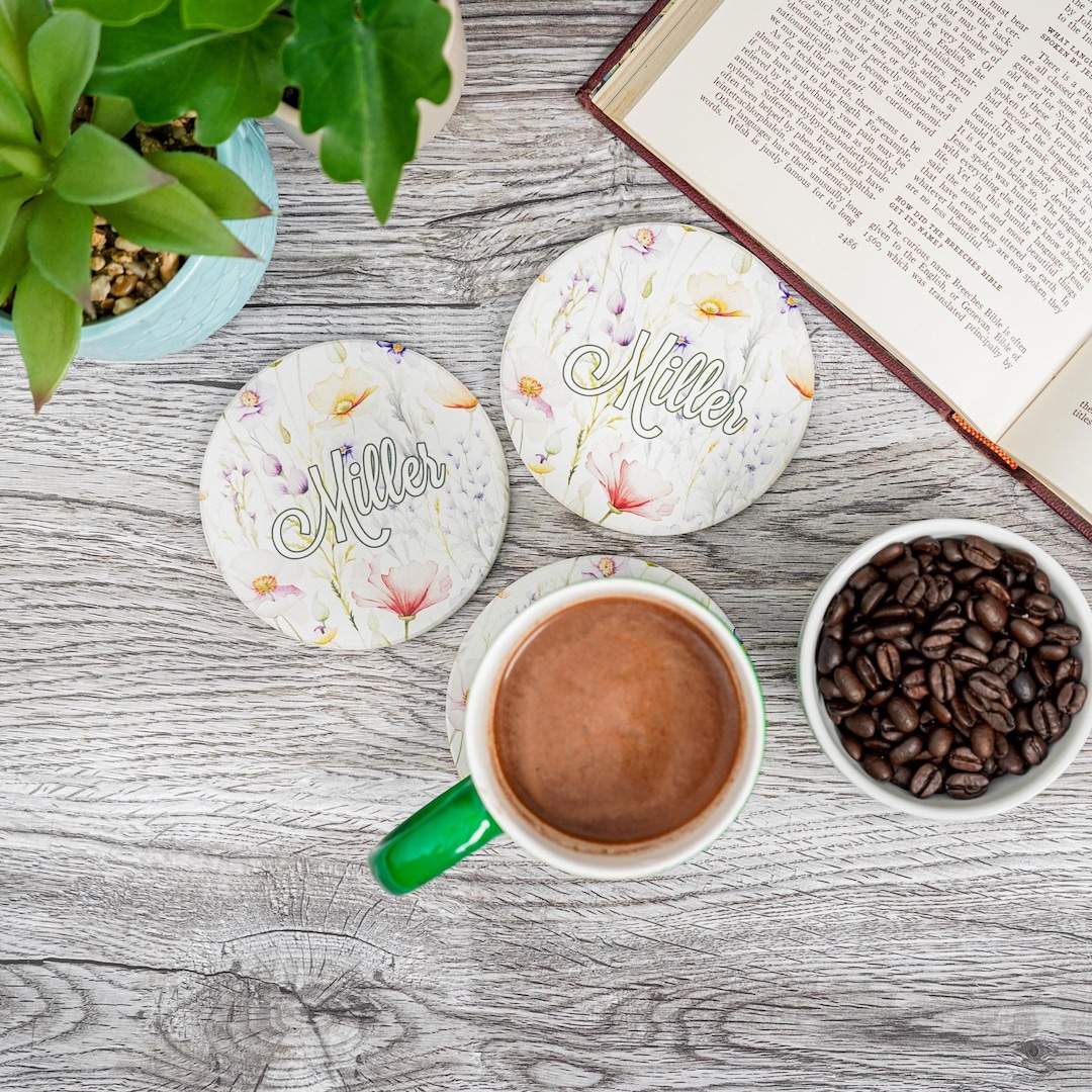 Floral Monogram Coasters, Custom Drink Coasters, Set of Springtime ...