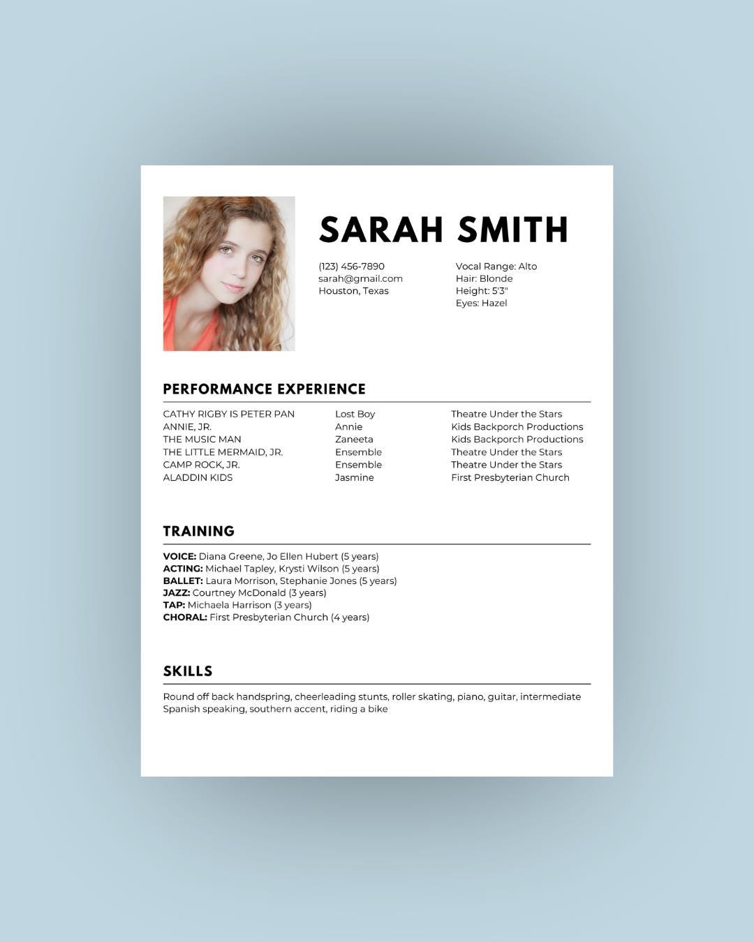 Kids Musical Theatre Resume Template | Editable Child Acting Resume ...