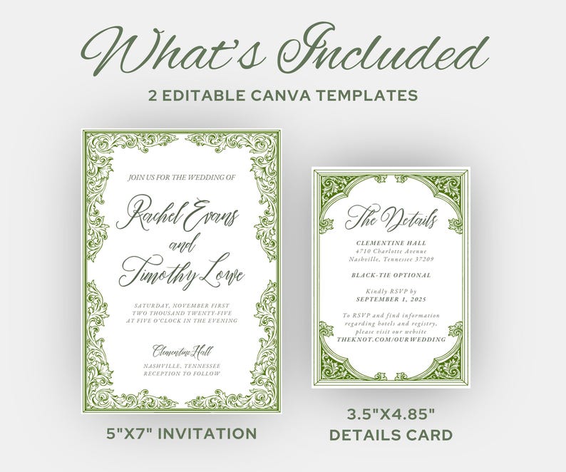 Ornate Green Scroll Wedding Invitation Template, Editable Canva Suite ...