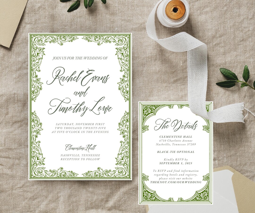 Ornate Green Scroll Wedding Invitation Template, Editable Canva Suite ...