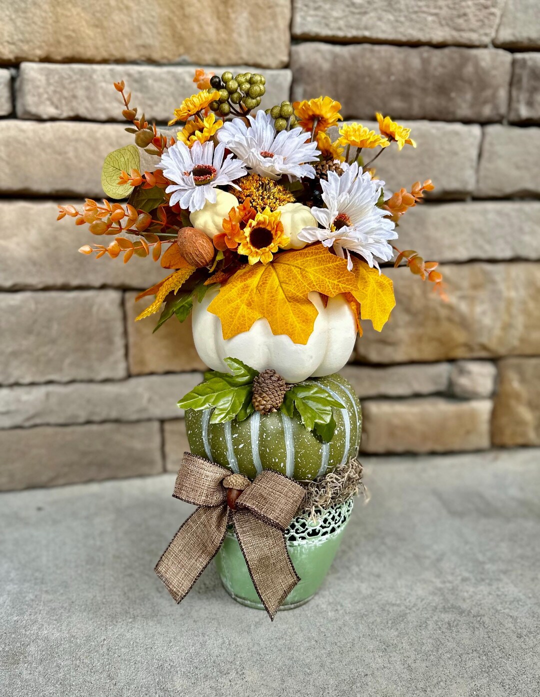 Fall Sage Green and Cream Stacked Pumpkins in Sage Green Metal Base ...