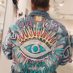 CUSTOM Handpainted Evil Eye Denim Jacket, Turkish Evil Eye, Evil Eye ...