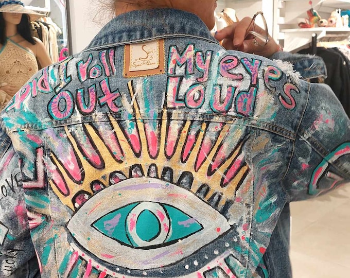CUSTOM Handpainted Evil Eye Denim Jacket, Turkish Evil Eye, Evil Eye ...