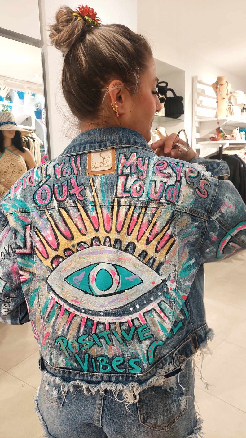 CUSTOM Handpainted Evil Eye Denim Jacket, Turkish Evil Eye, Evil Eye ...