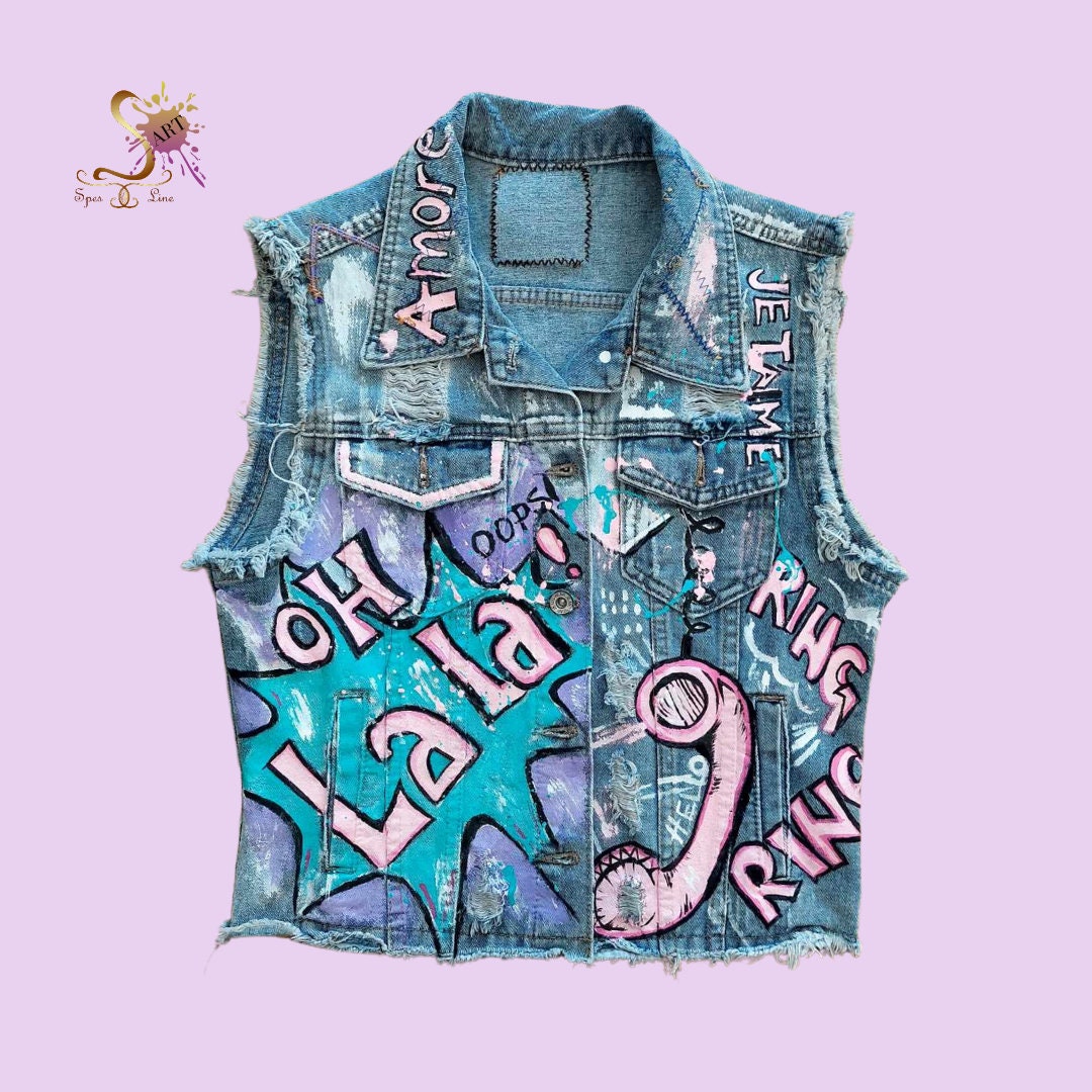 Custom Handpainted Denim Vest Graffiti Style for Women Unique ...