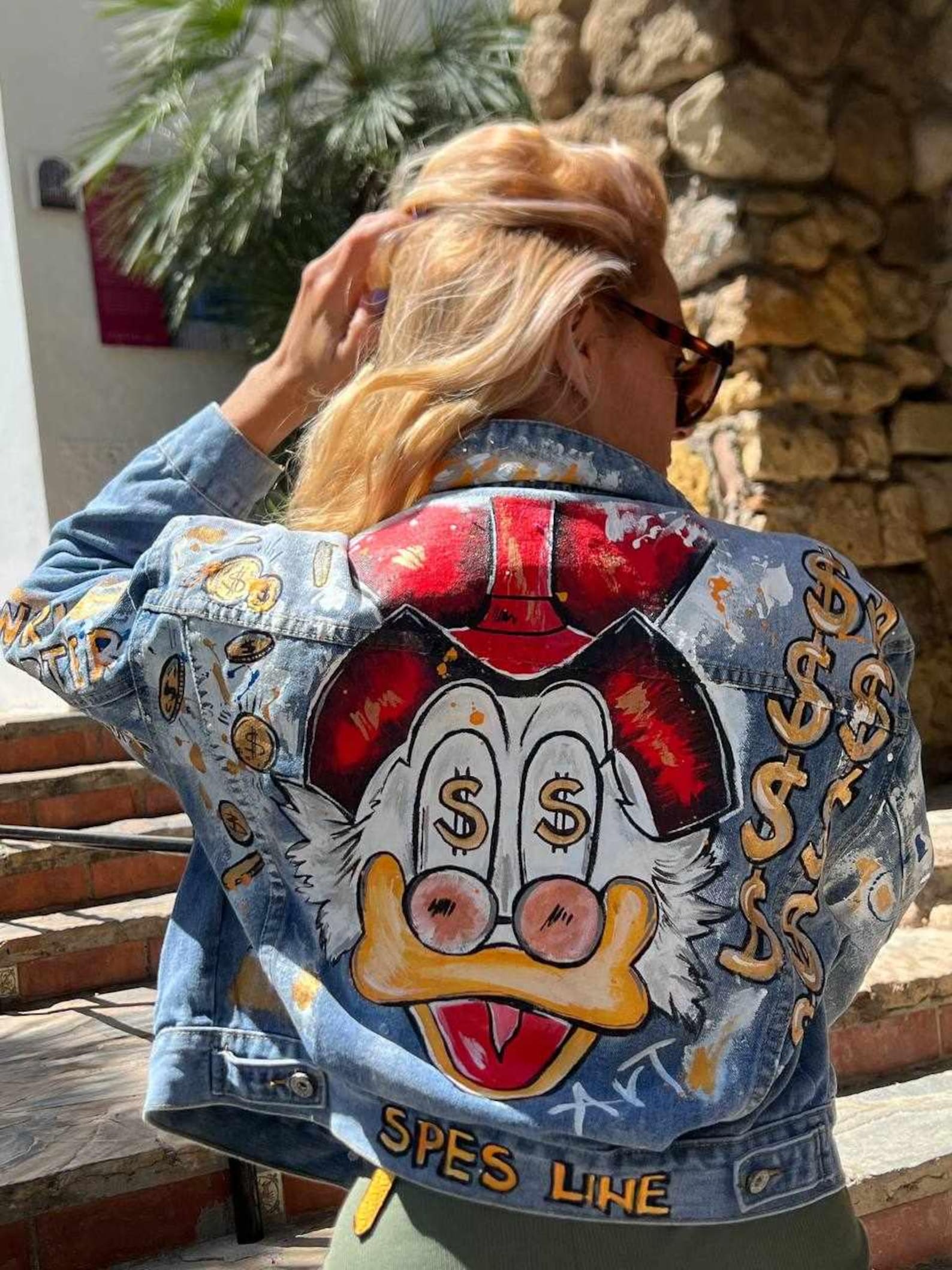 Handpainted Denim Jacket Donal Duck Money, Red Pop Art Jacket Gold ...