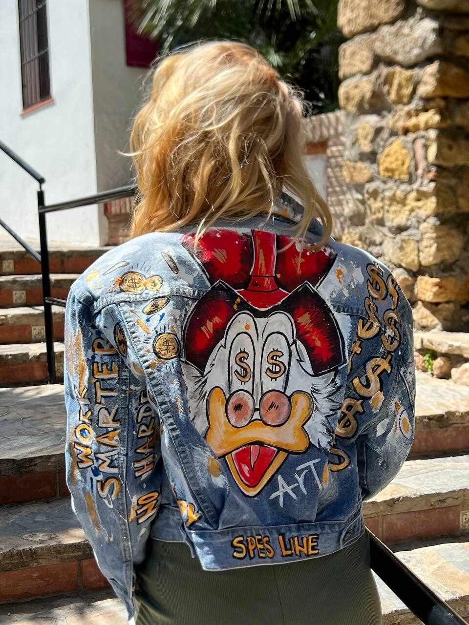 Handpainted Denim Jacket Donal Duck Money, Red Pop Art Jacket Gold ...