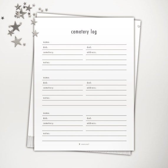 Diy Cemetery Log Templates Diy Custom Calendar Planner | Etsy