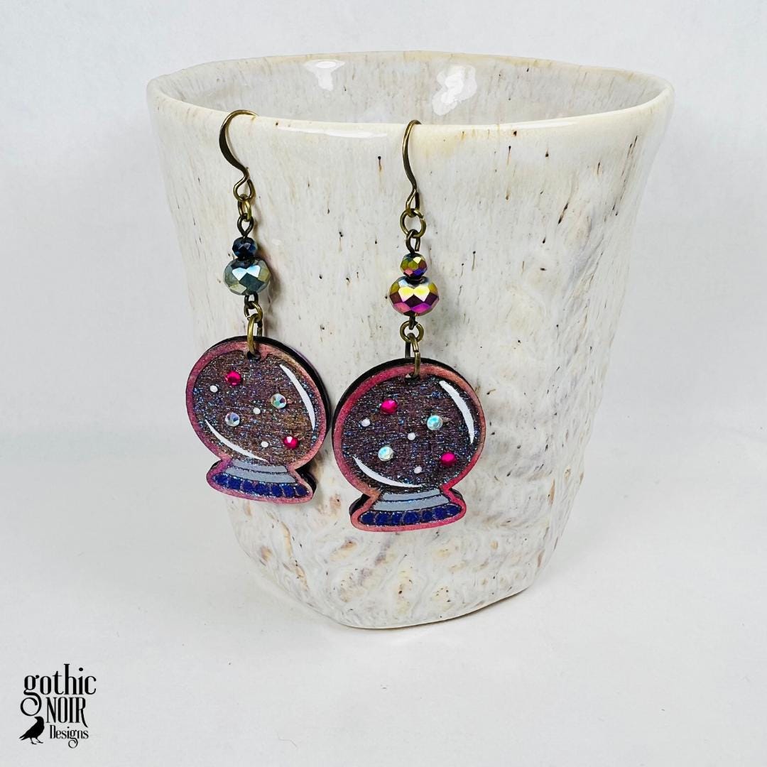 Crystal Ball Hand-painted Laser Engraved Wood Earrings | Mystical ...