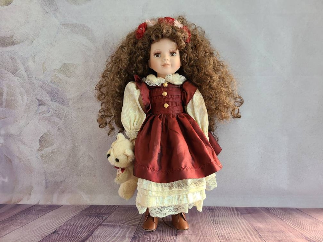 The Emerald Doll Collection Long Curly Hair Girl Holding Plush Bear 16 ...
