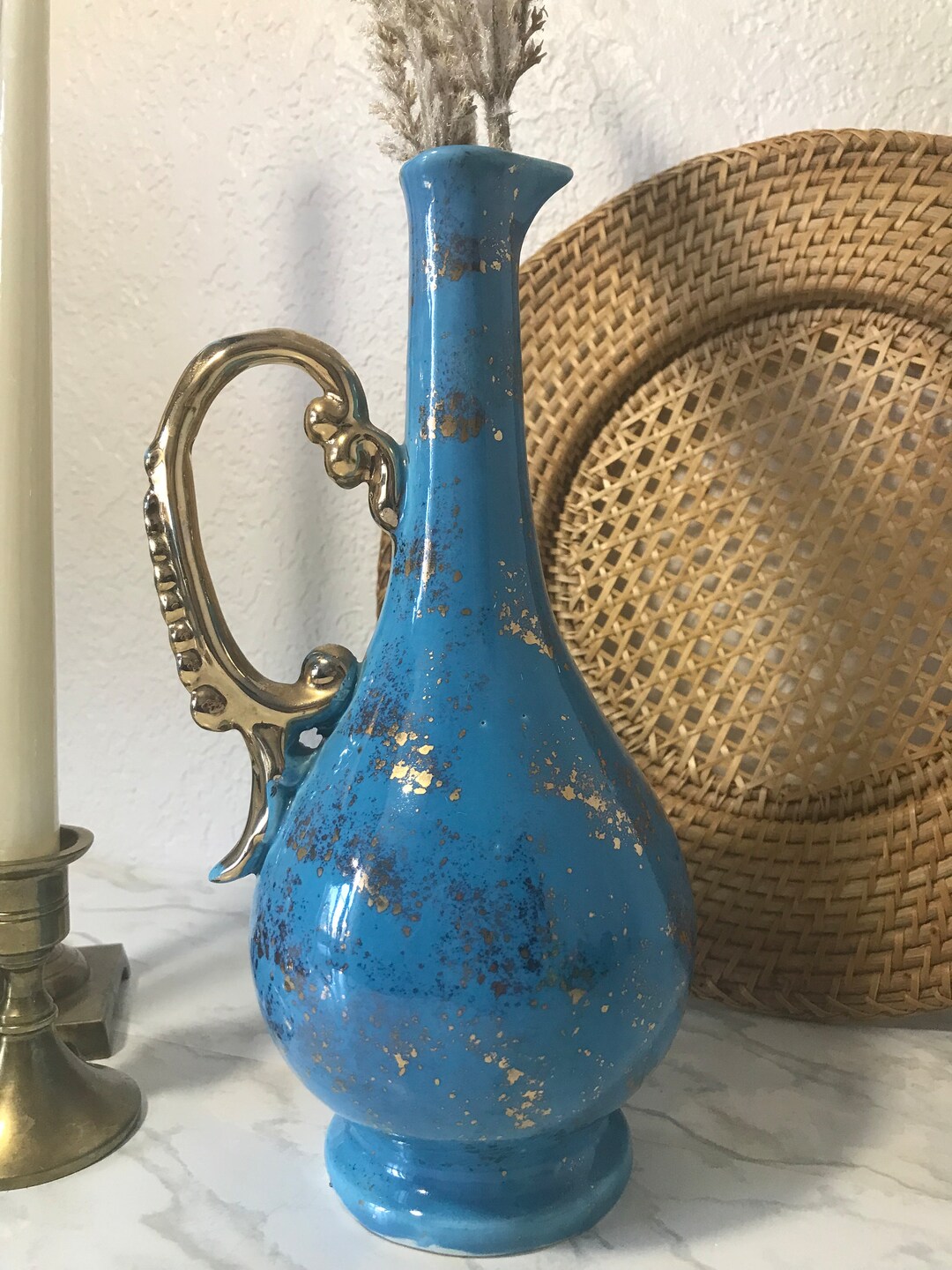 Vintage MCM Vibrant Blue and Gold Ceramic Pitcher Vase, Vintage ...