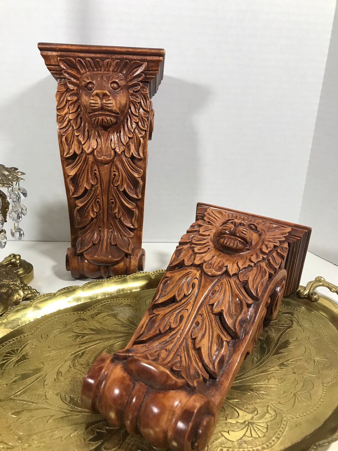 Vintage Hand Carved Lion Wall Sconces, Vtg Wood Carved Lion Wall Shelf ...