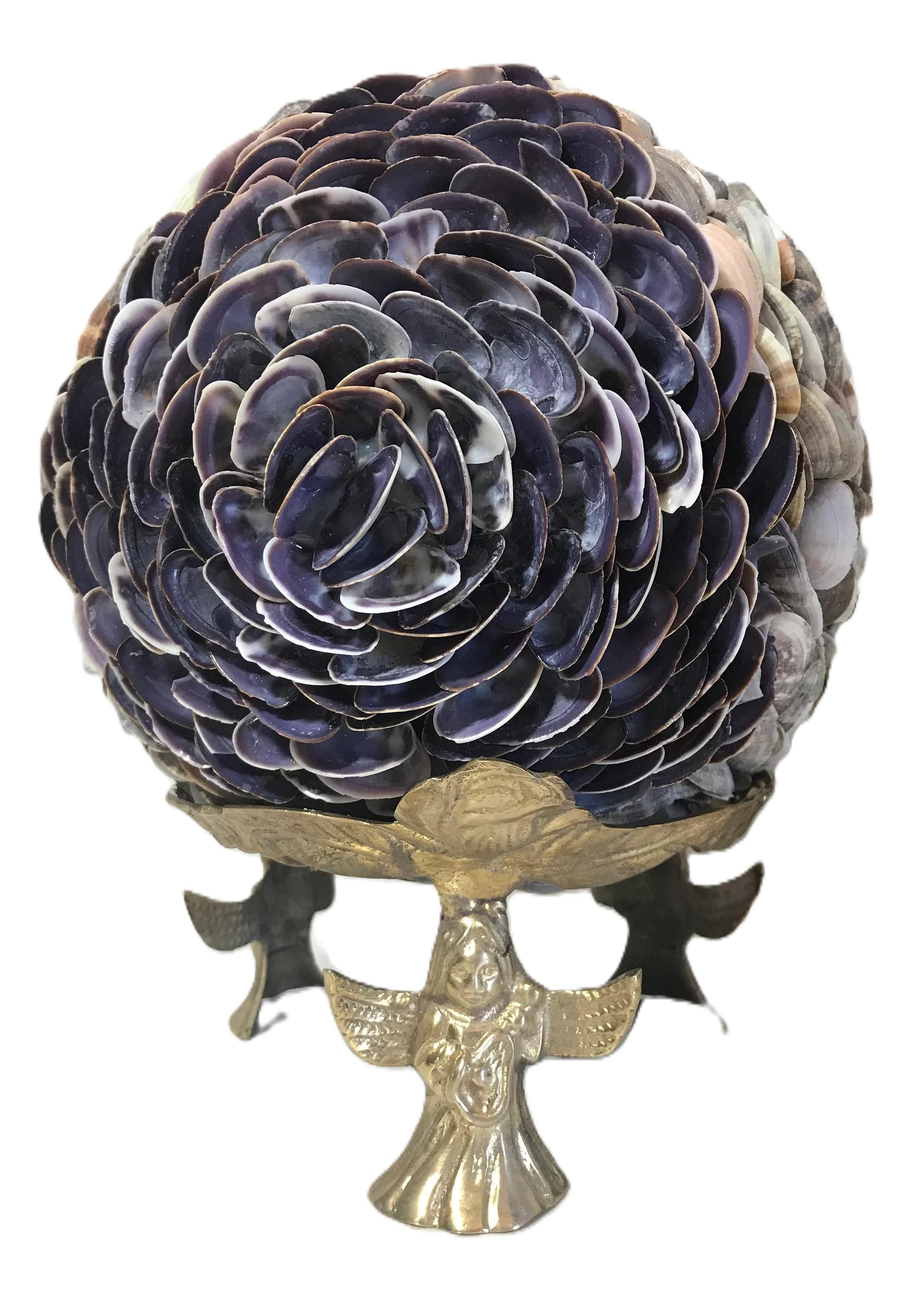 Vintage Shell Decorative Ball on Brass Stand, Vtg Handmade Purple ...
