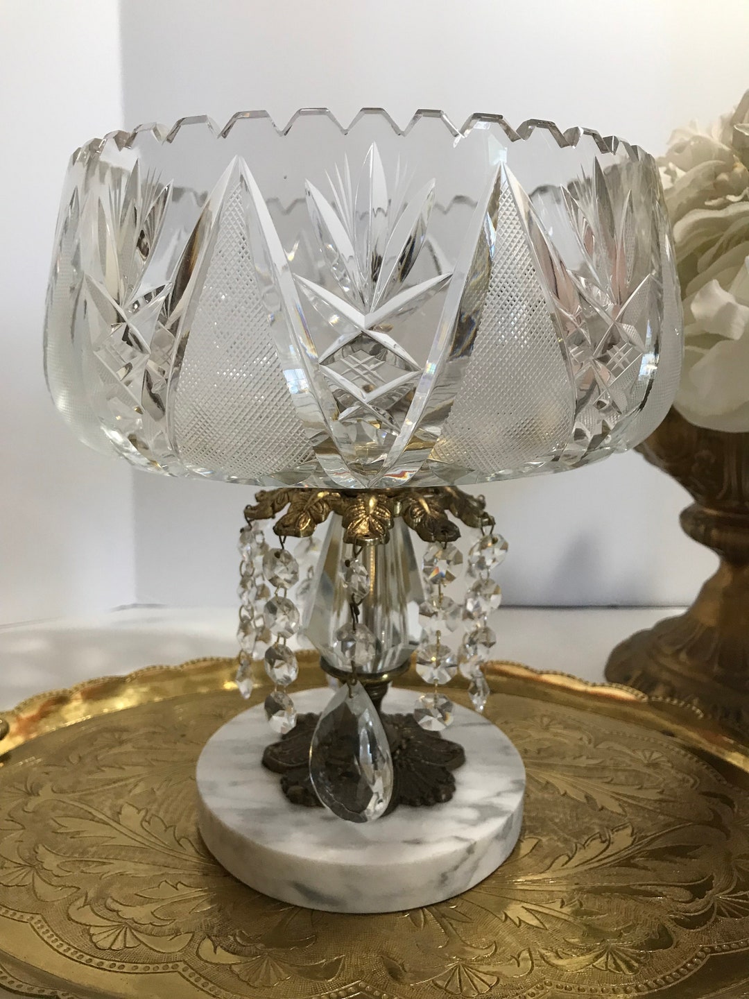 Cut Crystal Glass Compote, Crystal and Brass Pedastal Bowl on Brass and ...