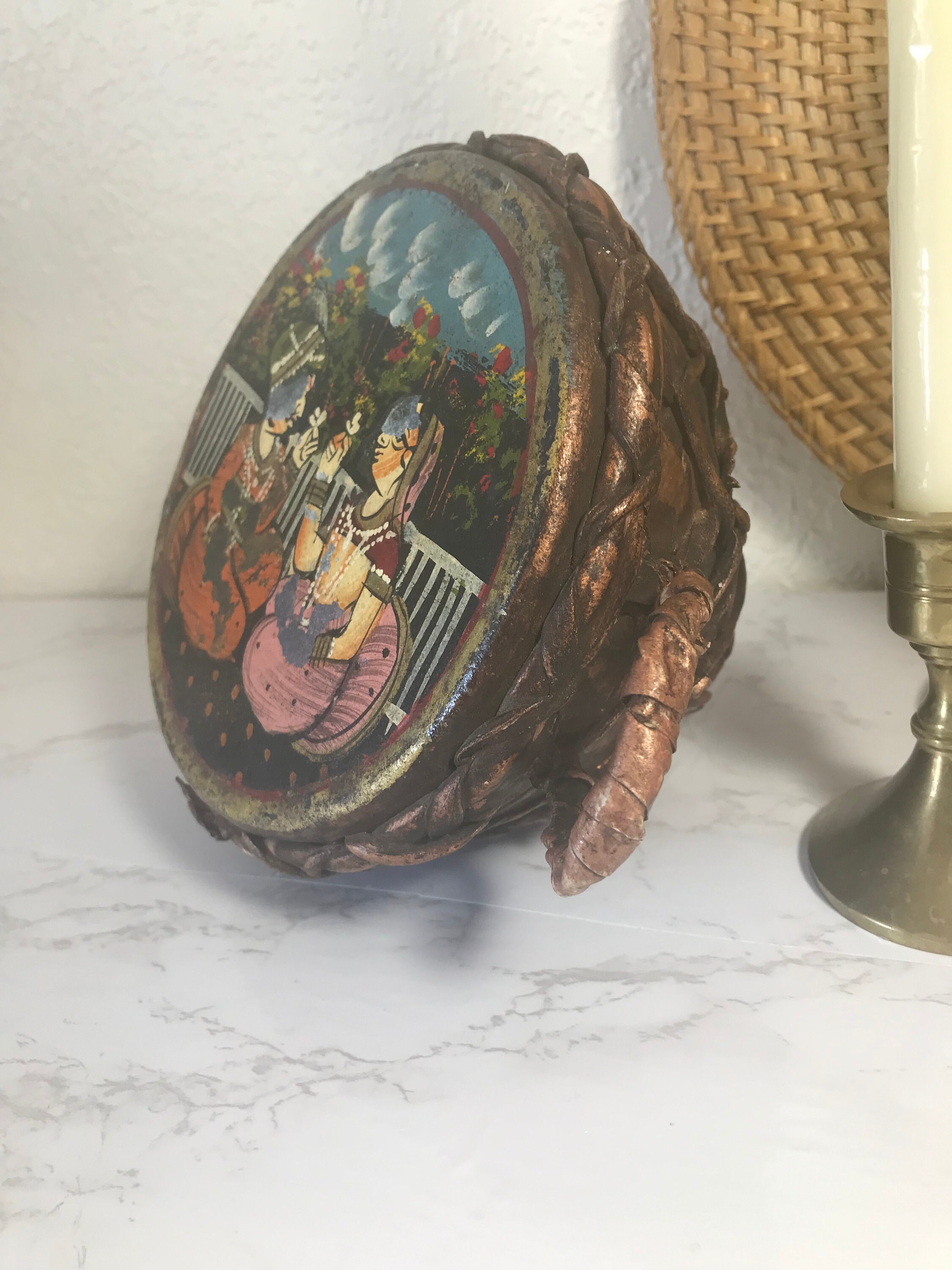 Vintage Distressed Hand Painted Drum With Woven Detail, Vintage Hand ...