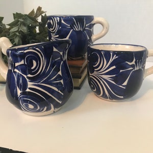 Vintage Anfora Pottery Coffee Cups and Creamer Blue and White Design ...