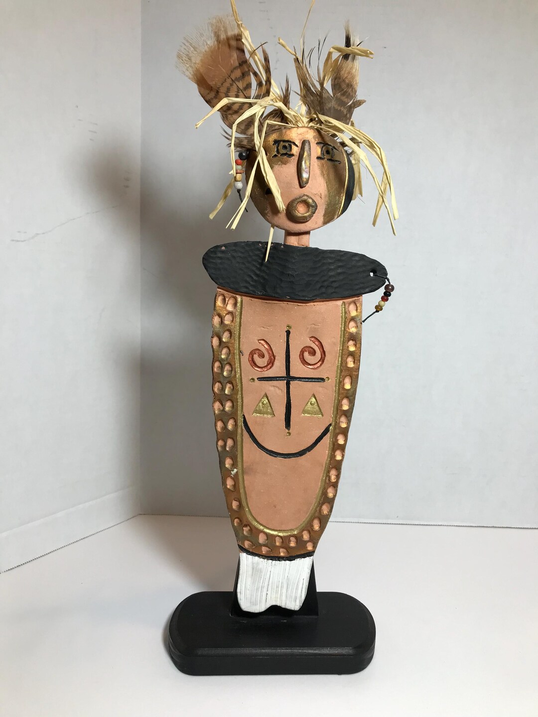 Vintage Pottery and Wood Native American Style Sculpture, Signed ...