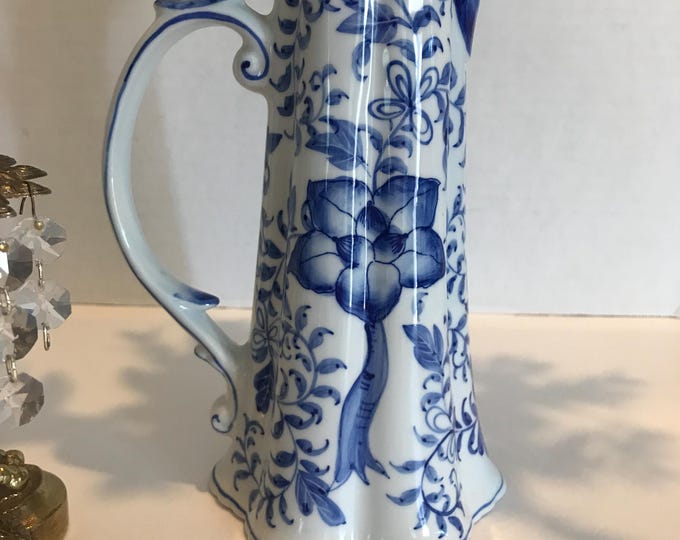 Vintage Blue and White Pitcher, White and Blue Porcelain Pitcher With ...