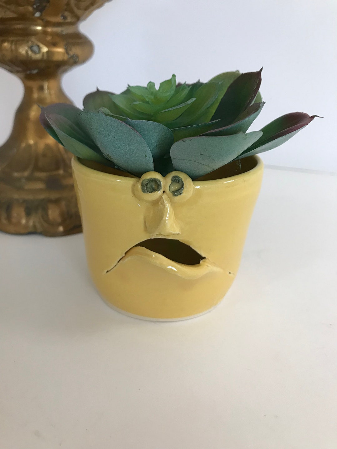 Vintage Yellow Art Pottery Face Small Pitcher, Vintage Yellow Ceramic ...