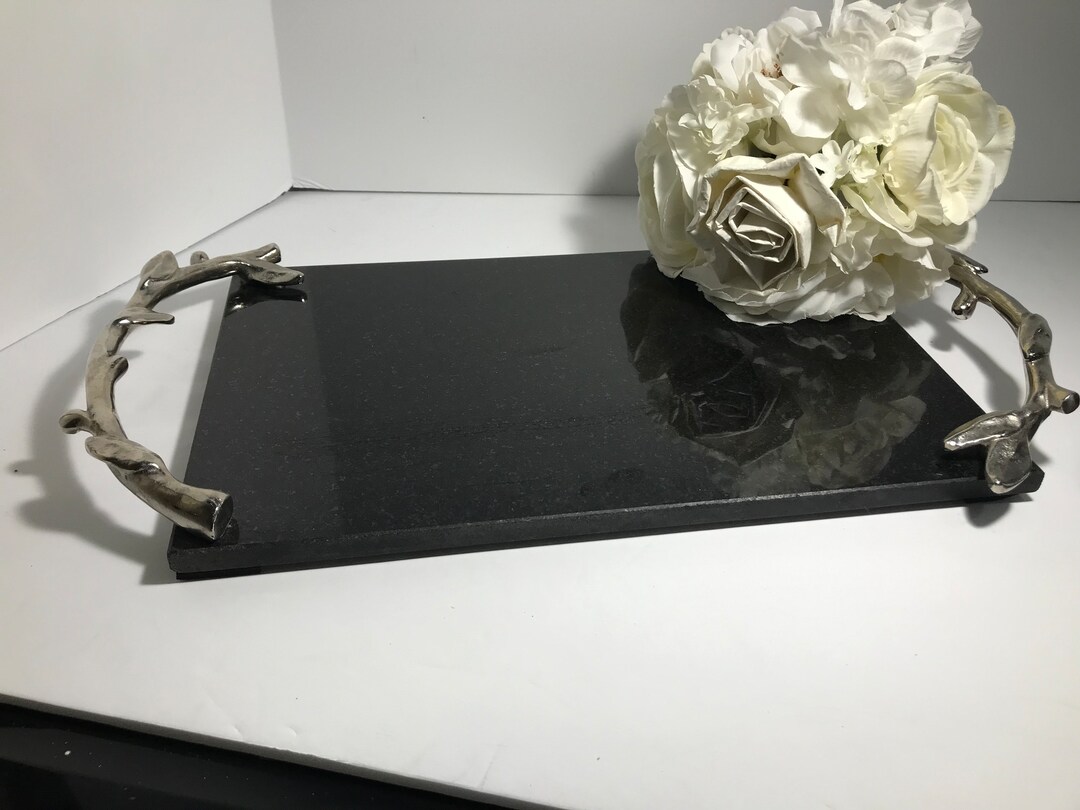 Michael Aram Black Marble and Silver Toned Botanical Tray Cheeseboard ...