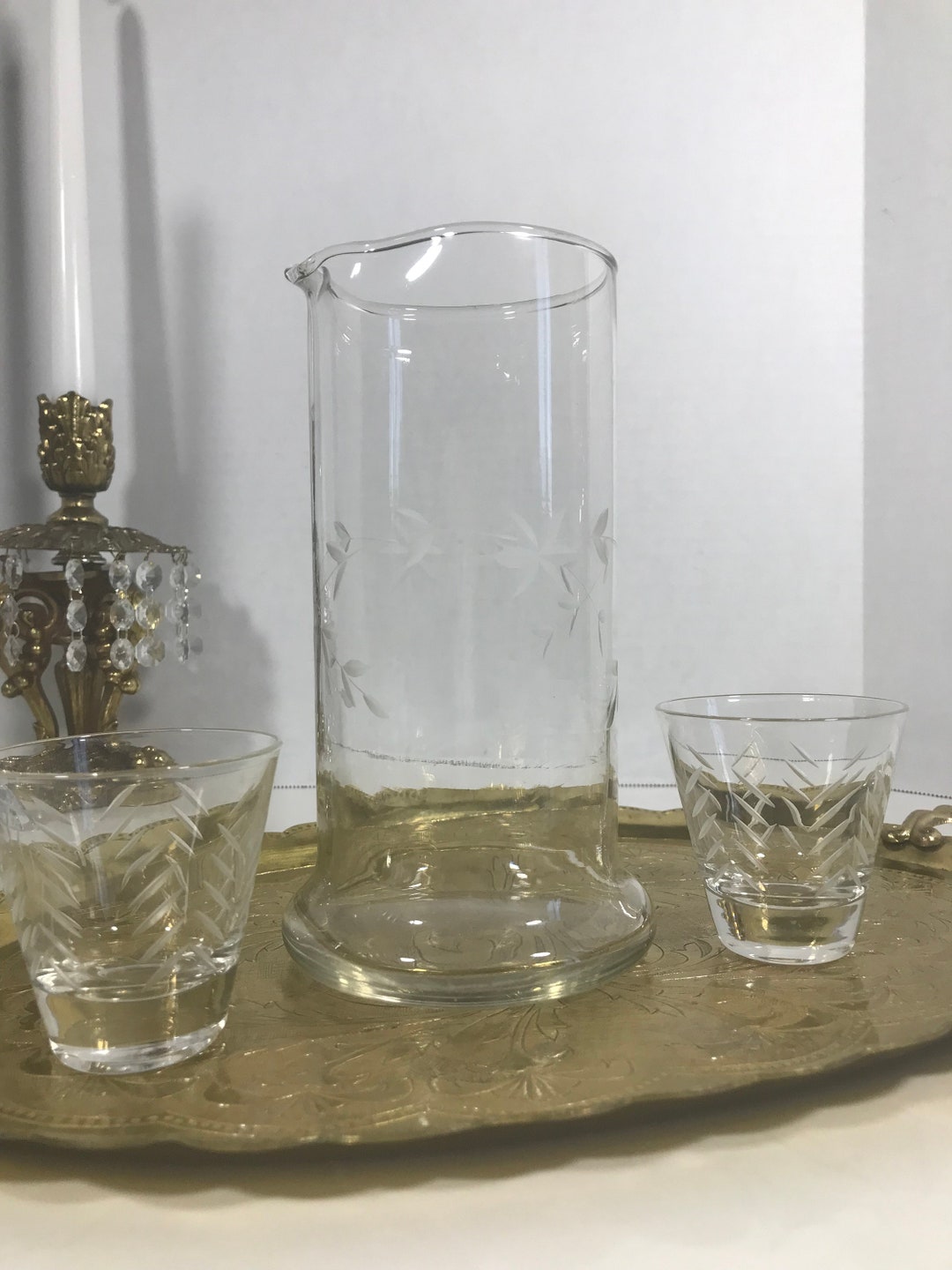 Vintage Glass Bedside Water Pitcher, Vintage Etched Glass Water Pitcher ...