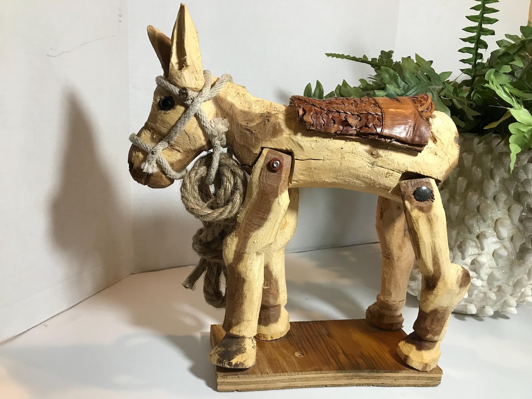 Vintage Wooden Donkey Statue, Vintage Hand Carved Rustic Wood Burro ...